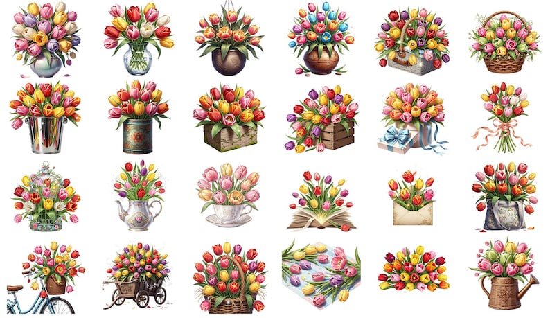 Spring Tulip PNG Clipart Bundle, Vibrant Floral Bouquet for Sublimation ...