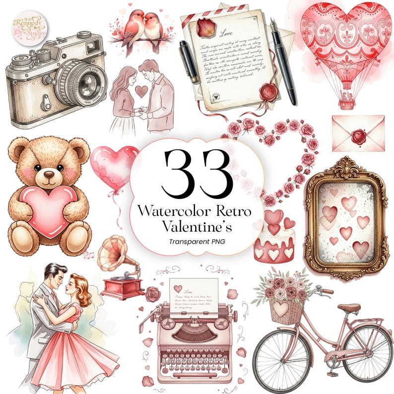 Watercolor Retro Valentine PNG Clipart Bundle – Vintage Love ...