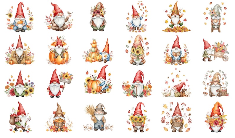 Fall Gnome Clipart PNG Bundle, Watercolor Autumn Pumpkin Thanksgiving ...