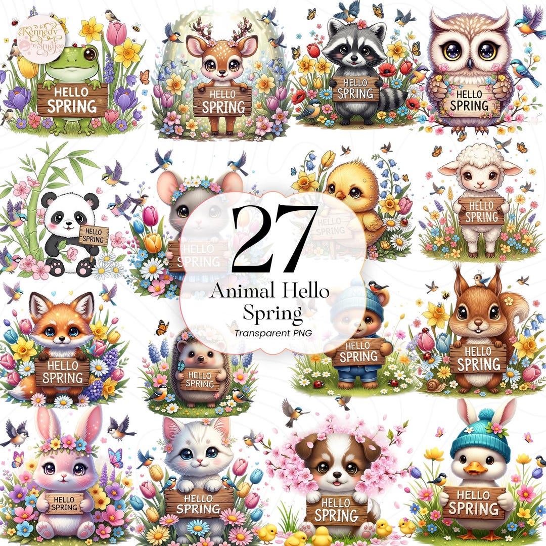 Animal Hello Spring PNG Clipart Bundle Cute Spring Animals for Kids ...