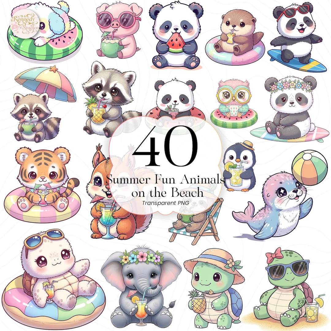 Summer Beach Animals PNG Clipart Bundle, Cute Kawaii Tropical Animal ...