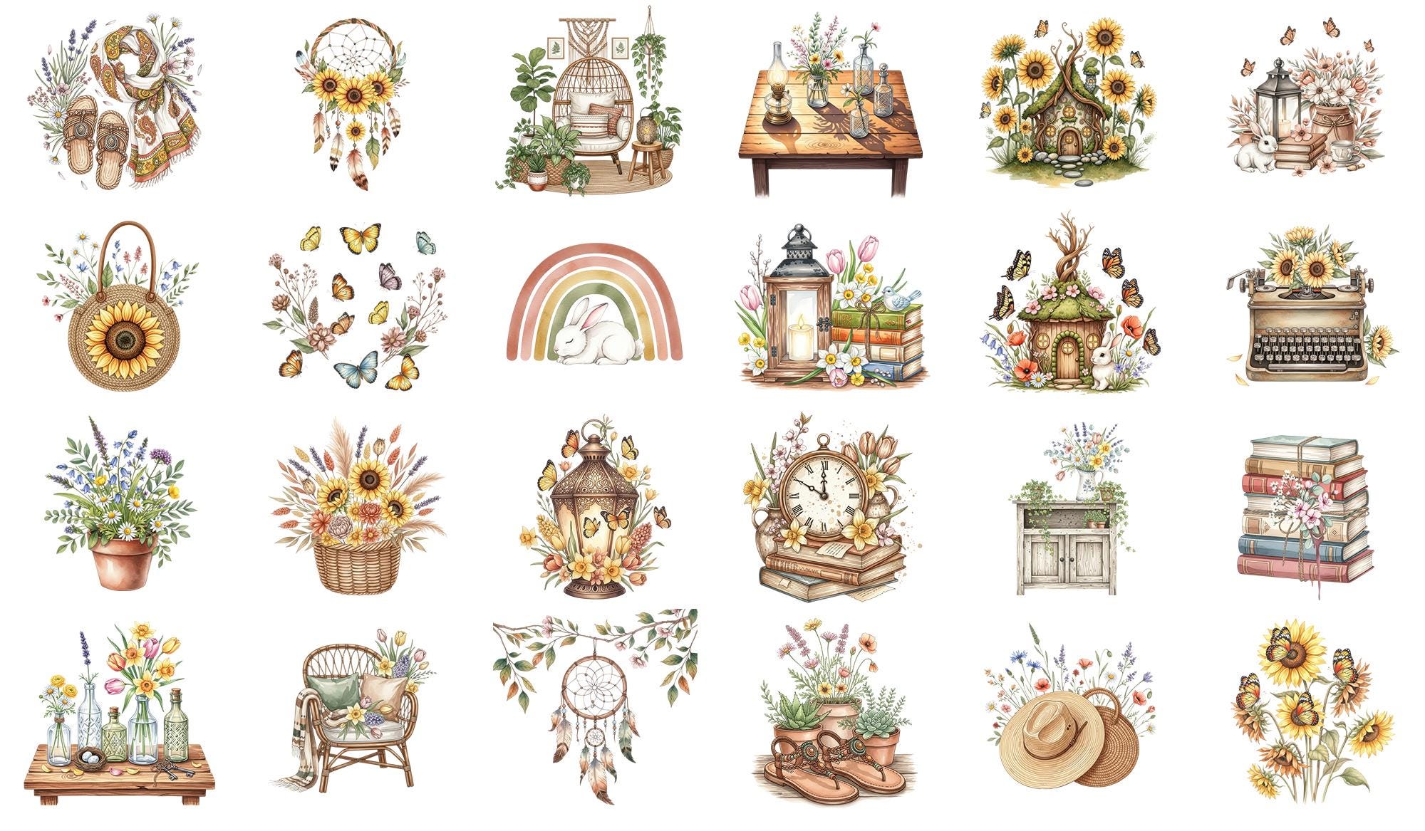 Boho Spring Floral PNG Clipart Soft Watercolor Flowers Spring ...