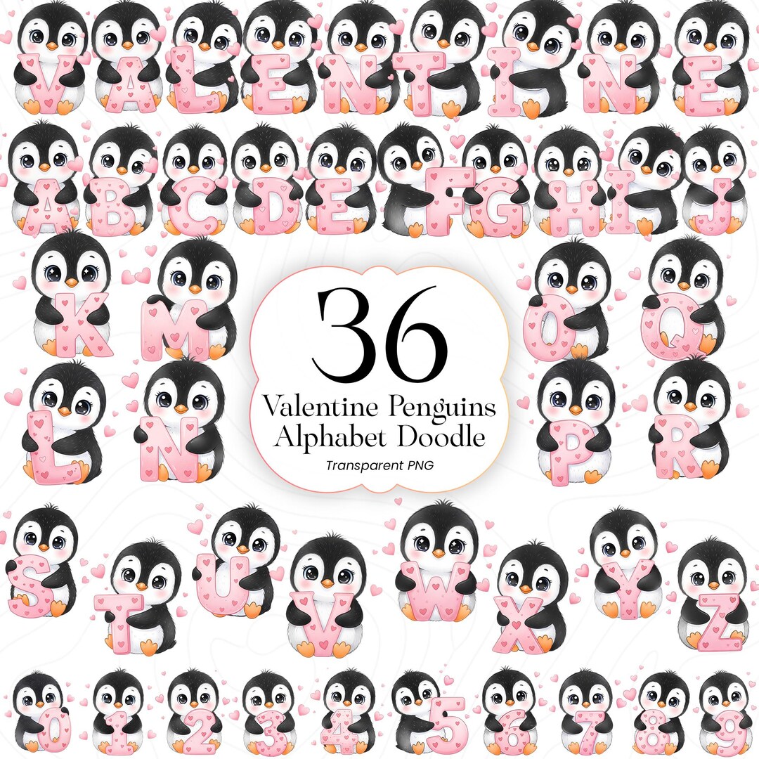 Alfabeto de pingüinos de San Valentín PNG Clipart Doodle Letras Día de ...