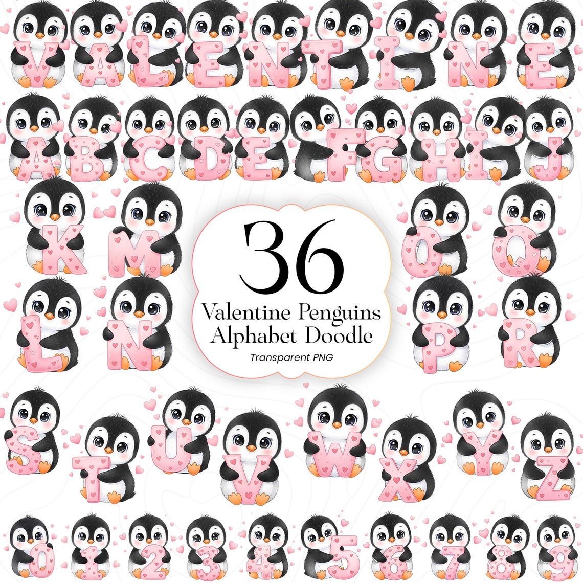 Valentine Penguins Alphabet PNG Clipart Doodle Letters Valentine Day ...