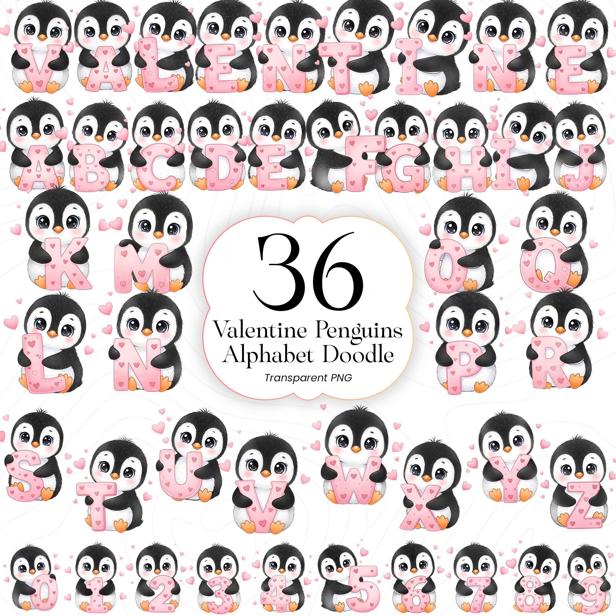 Valentine Penguins Alphabet PNG Clipart Doodle Letters Valentine Day ...