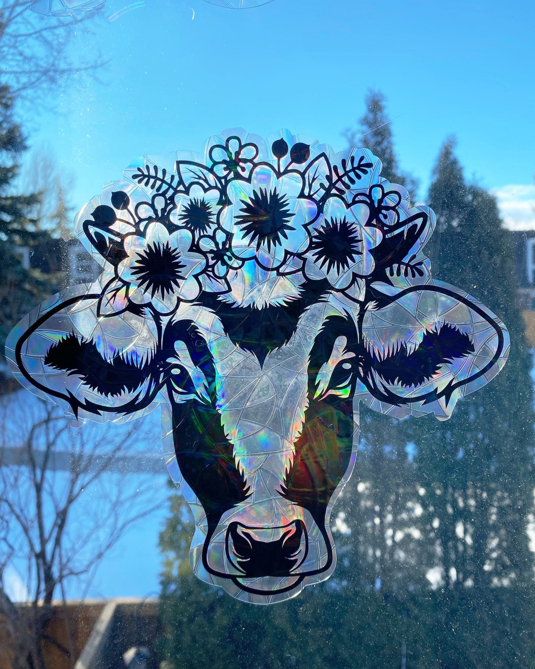Floral Cow Suncatcher Window Decal, Sticker, Rainbows, Farm Animal ...