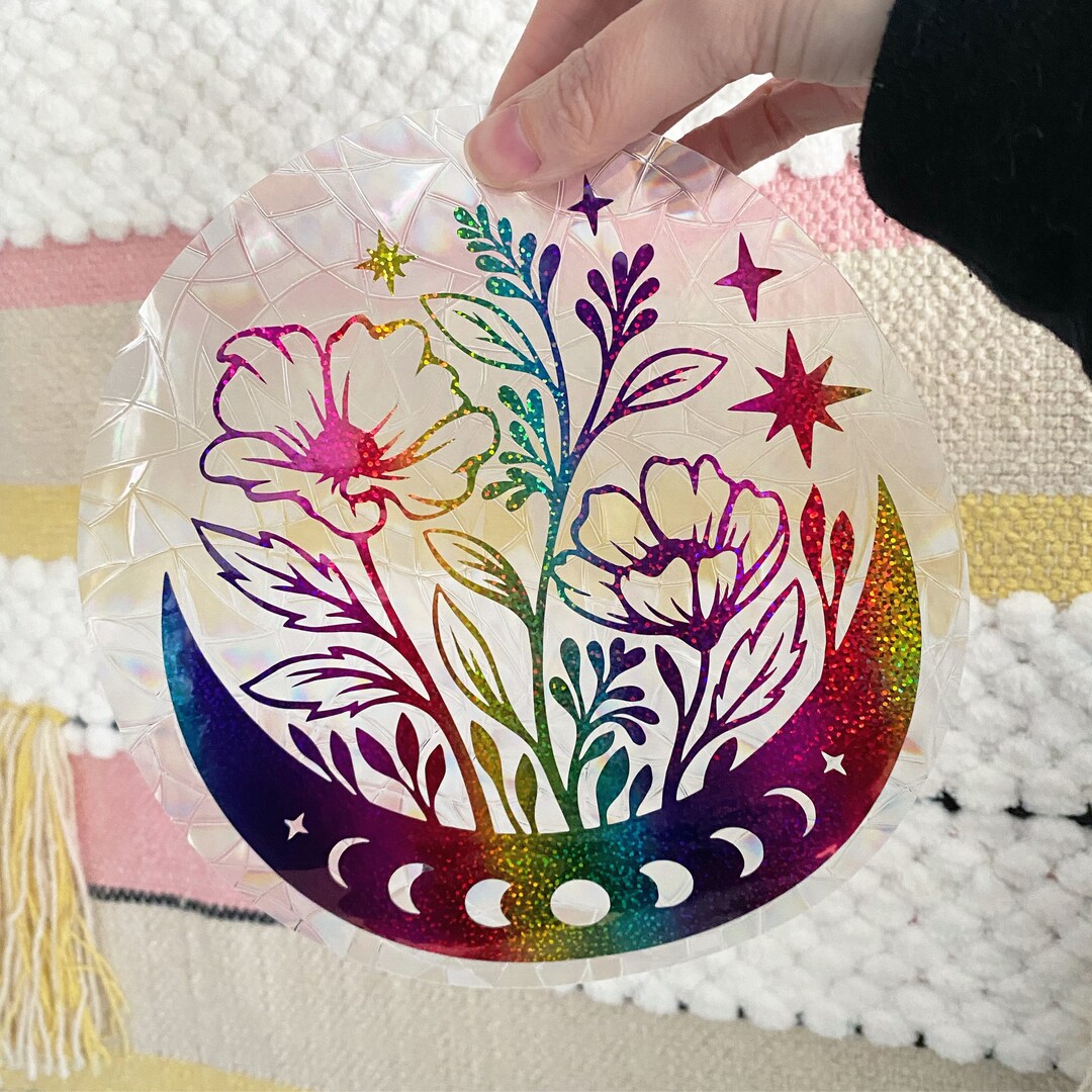 Floral Moon Phase Suncatcher - Window Cling, Rainbow Maker, Reusable ...