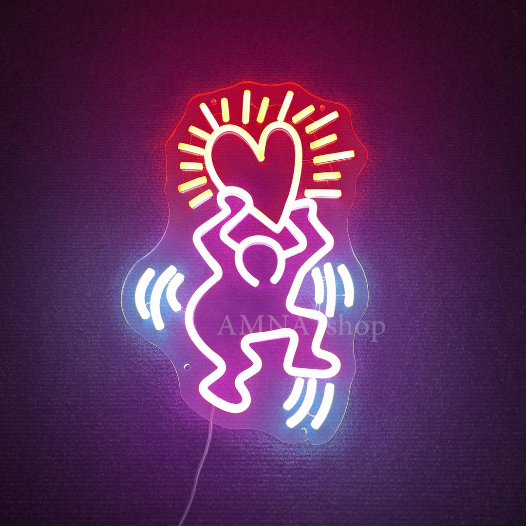 Keith Haring Style Neon Sign: Running Figure With Heart, Creative Art ...