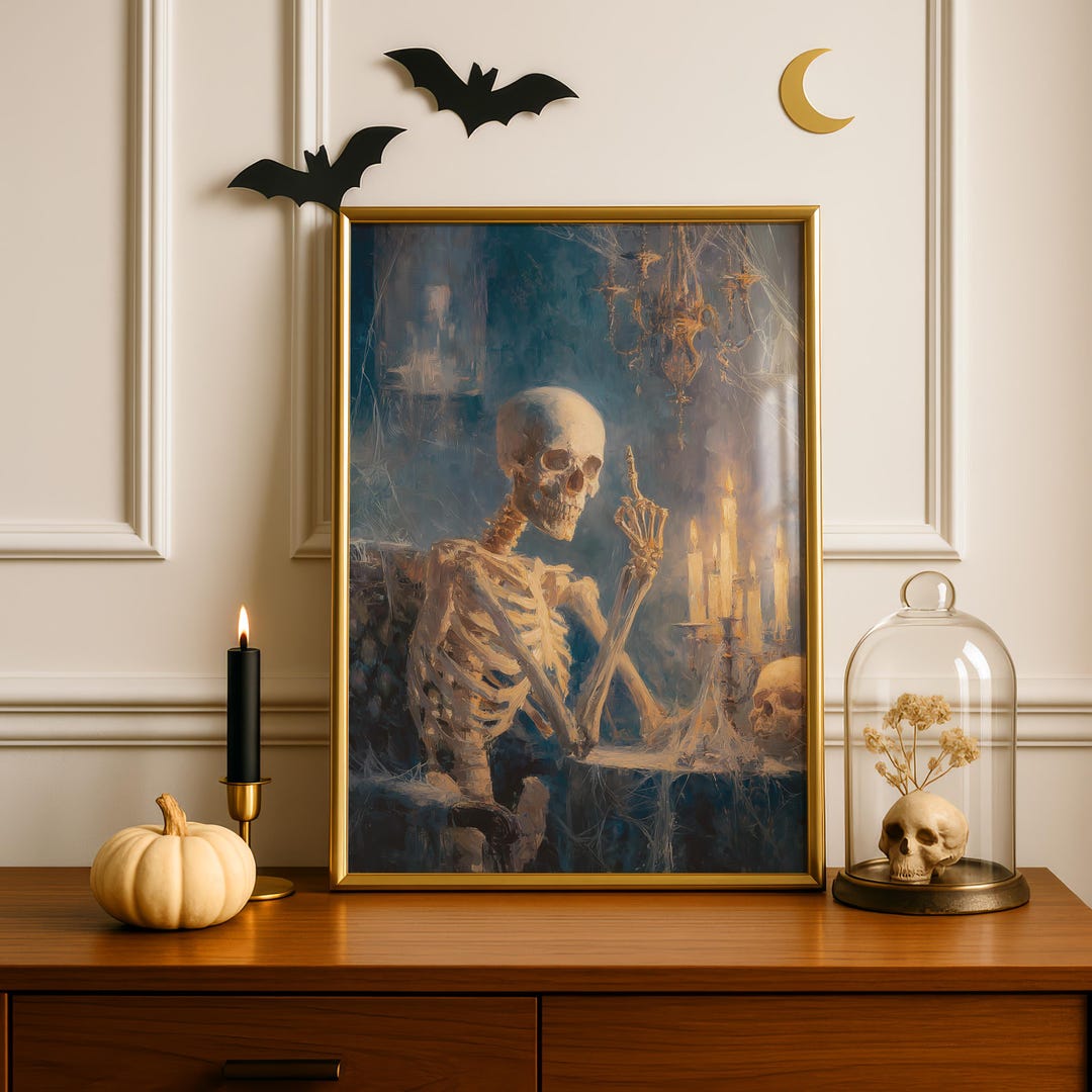 Skelton Middle Finger Art Print: Halloween Oil Painting Digital Artwork ...