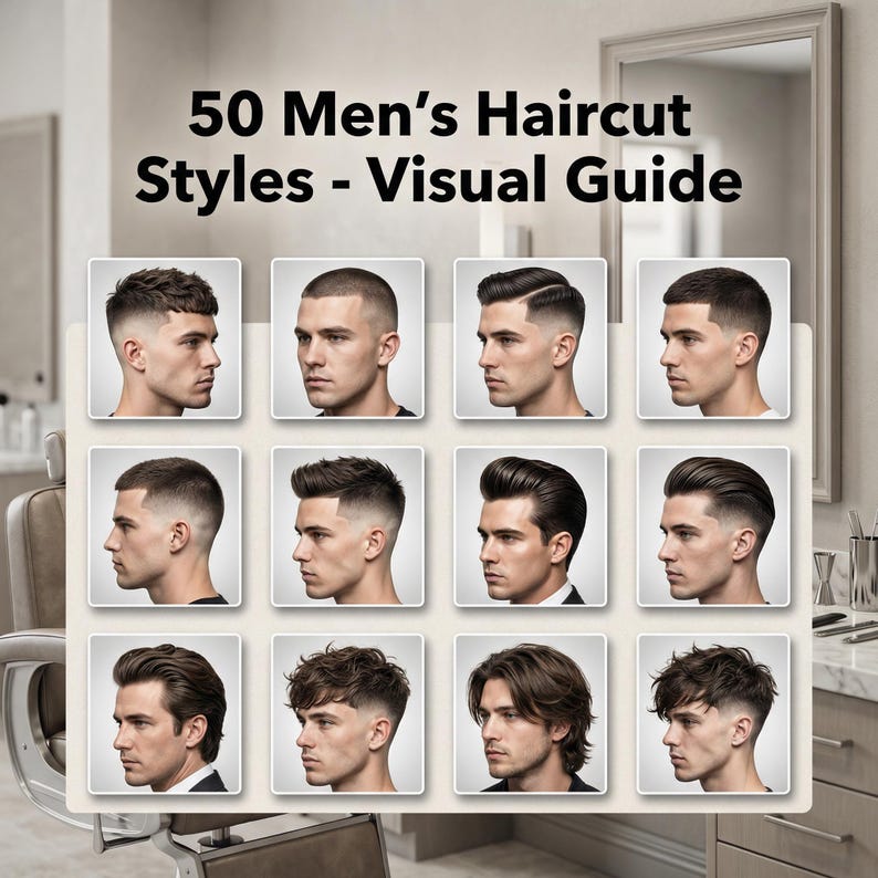 50 Men’s Haircut Styles Visual Guide – Barber Reference System – Fade ...