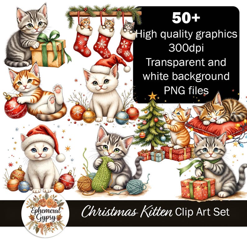 Christmas Kitten Clipart for Crafts, Holiday Kitten Clip Art for ...