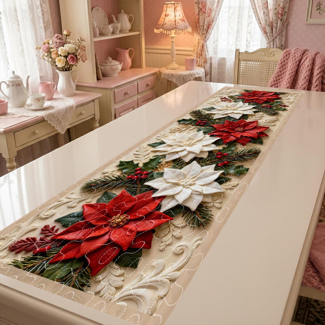 Poinsettia Quilted Table Runner, Christmas Floral Table Runner ...