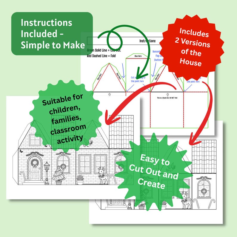 Christmas Paper House Craft Printable , Kids Holiday Activity, Cut and ...