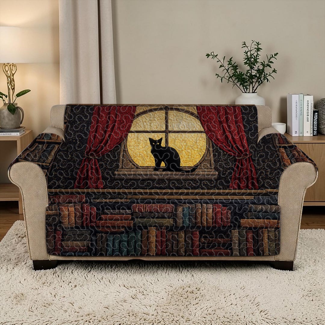 Black Cat in Library Quilted Sofa Cover, Dark Academia Bookcase Couch ...