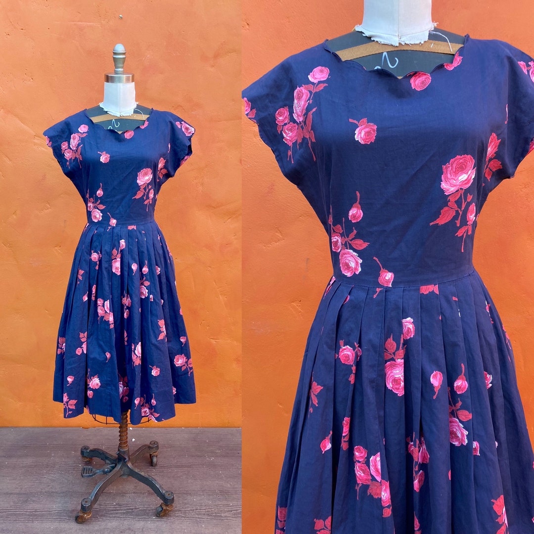 Vintage 1950s Fit Flare Swing Dress. Navy Blue Pink Red Floral Roses ...