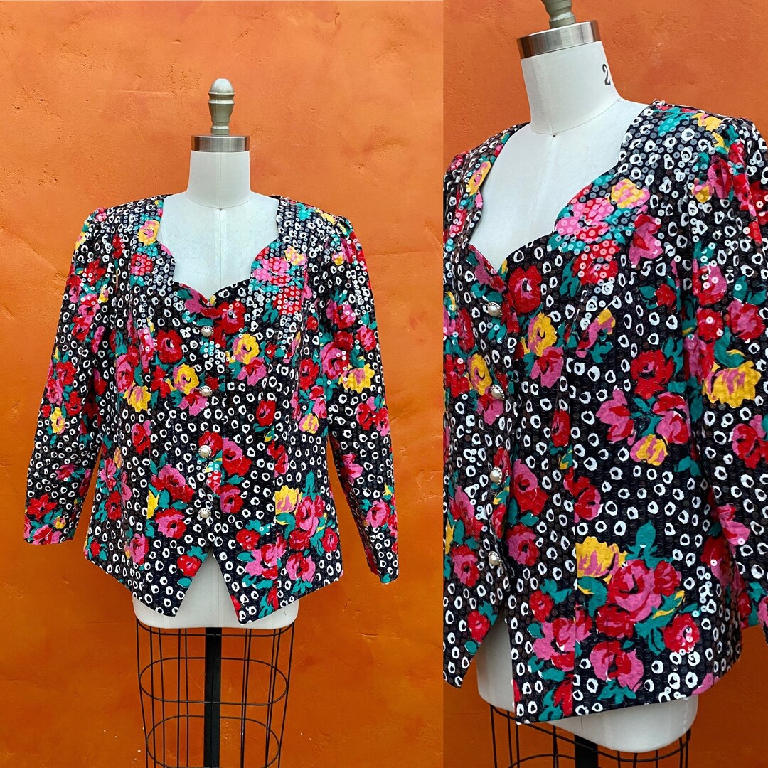 Vintage 1980s Sequin Floral Colorful Blazer. STATEMENT Party Cocktail ...