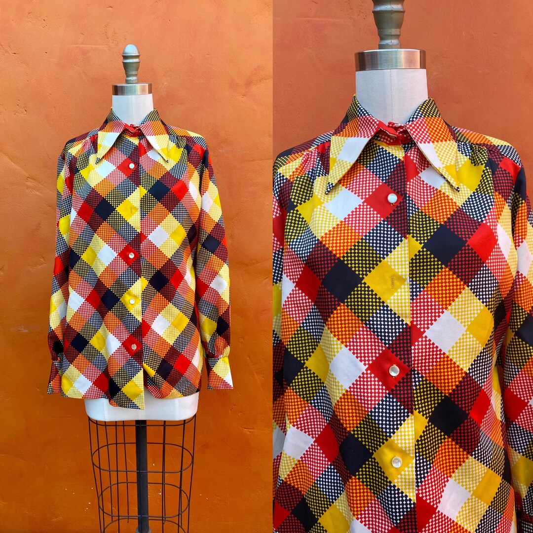 Vintage Women's 1970s Opart Racer Check Plaid Blouse Shirt Top. 1970s ...