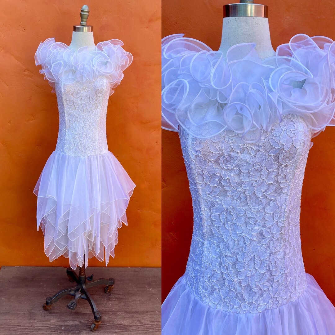 Vintage 1980s Prom Dress. White Lace Ruffles Statement Tulle Ruffles ...