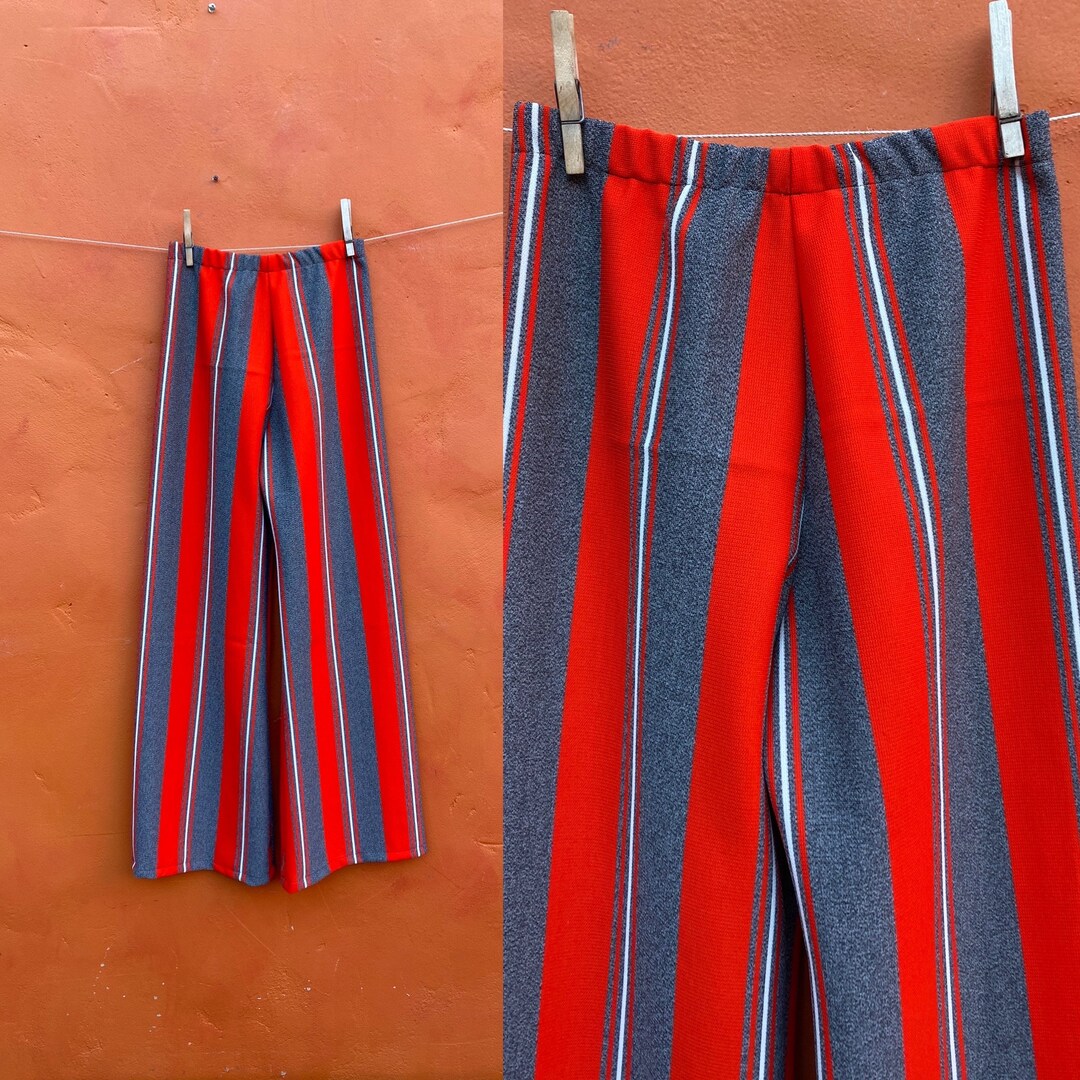 Vintage 1960s 1970s Orange Gray Striped Wide Leg Pants. High Waisted ...