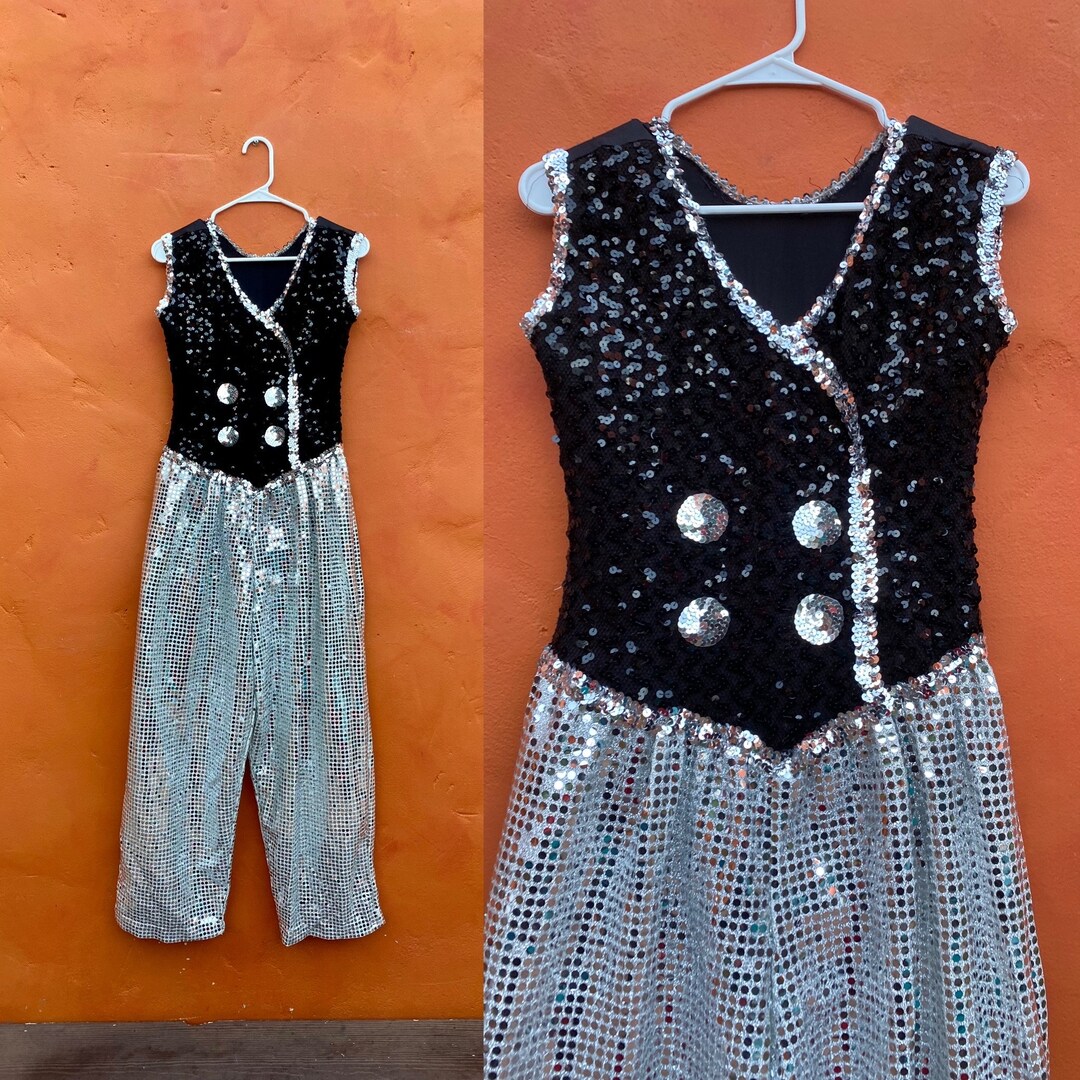 Vintage 1970s 1980s Black Silver Sequined Jumpsuit. Cocktail Party ...