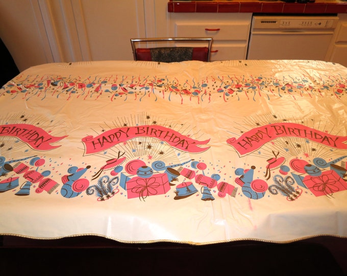 Vintage 1950s 1960s REVERSIBLE Large Party Vinyl Tablecloth - BIRTHDAY ...