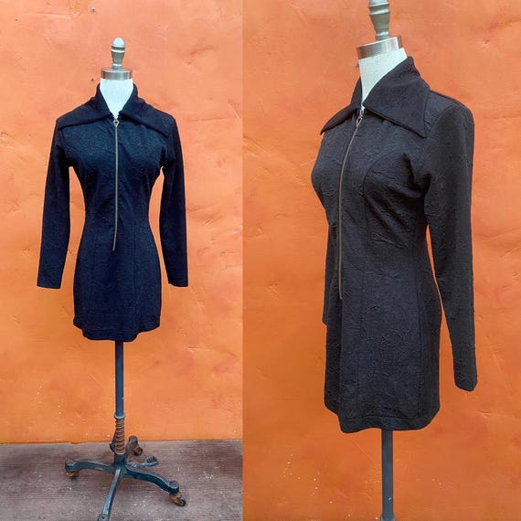 Vintage 1970s black micro mini dress. Dagger Collar. … - Gem