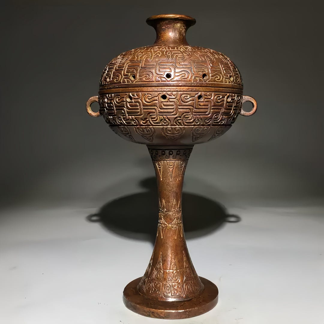 Handcrafted Solid Bronze Boshan Incense Burner • Chinese Taotie Pattern ...