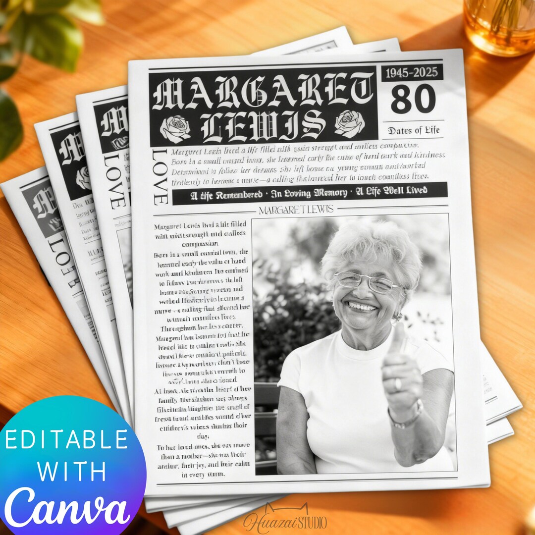 Editable Obituary Newspaper Templates, Funeral Welcome Signs, Memorial ...