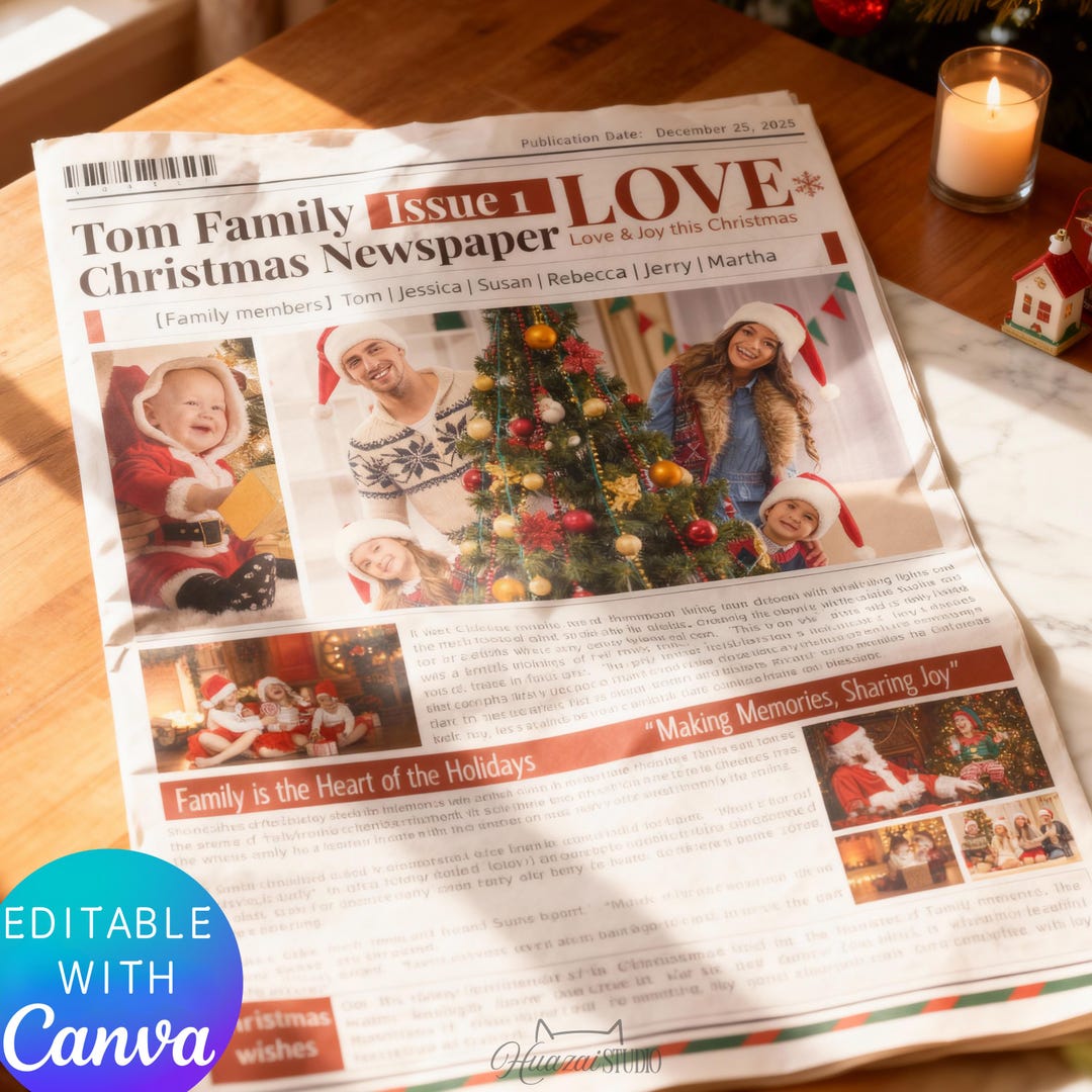 Editable Family Christmas Newspaper, Holiday Card Template (canva) - Etsy