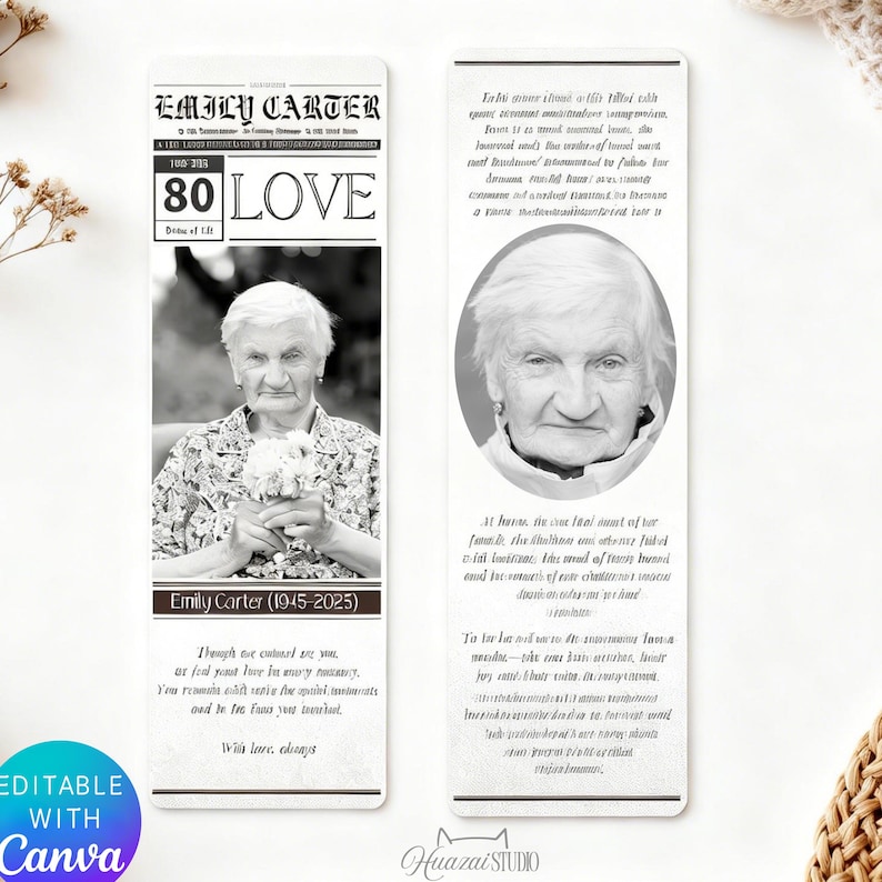 Newspaper Memorial Bookmark Template | Funeral Keepsake, Vintage Style ...