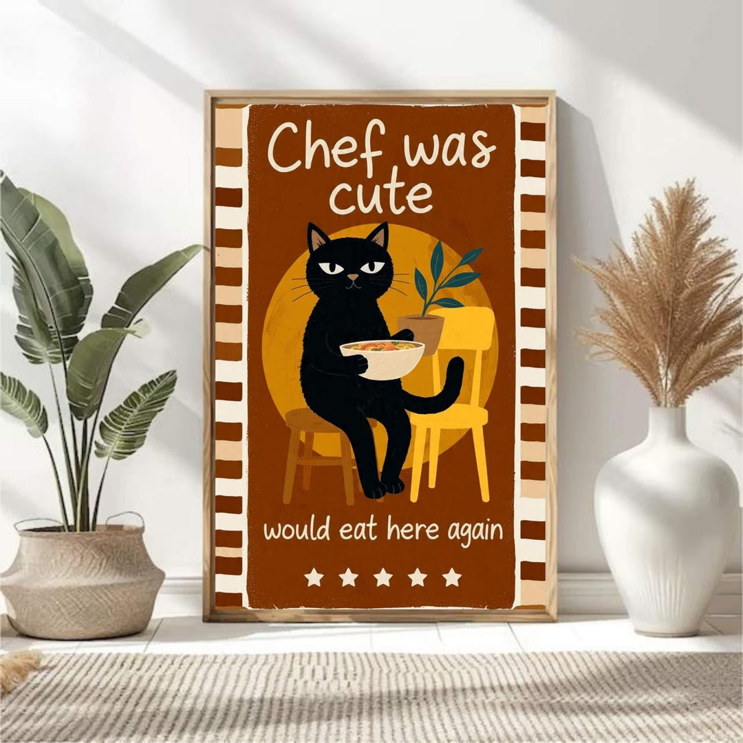 Funny Black Cat Print Kitchen Decor Retro Aesthetic Hand Drawn Cat Cute ...