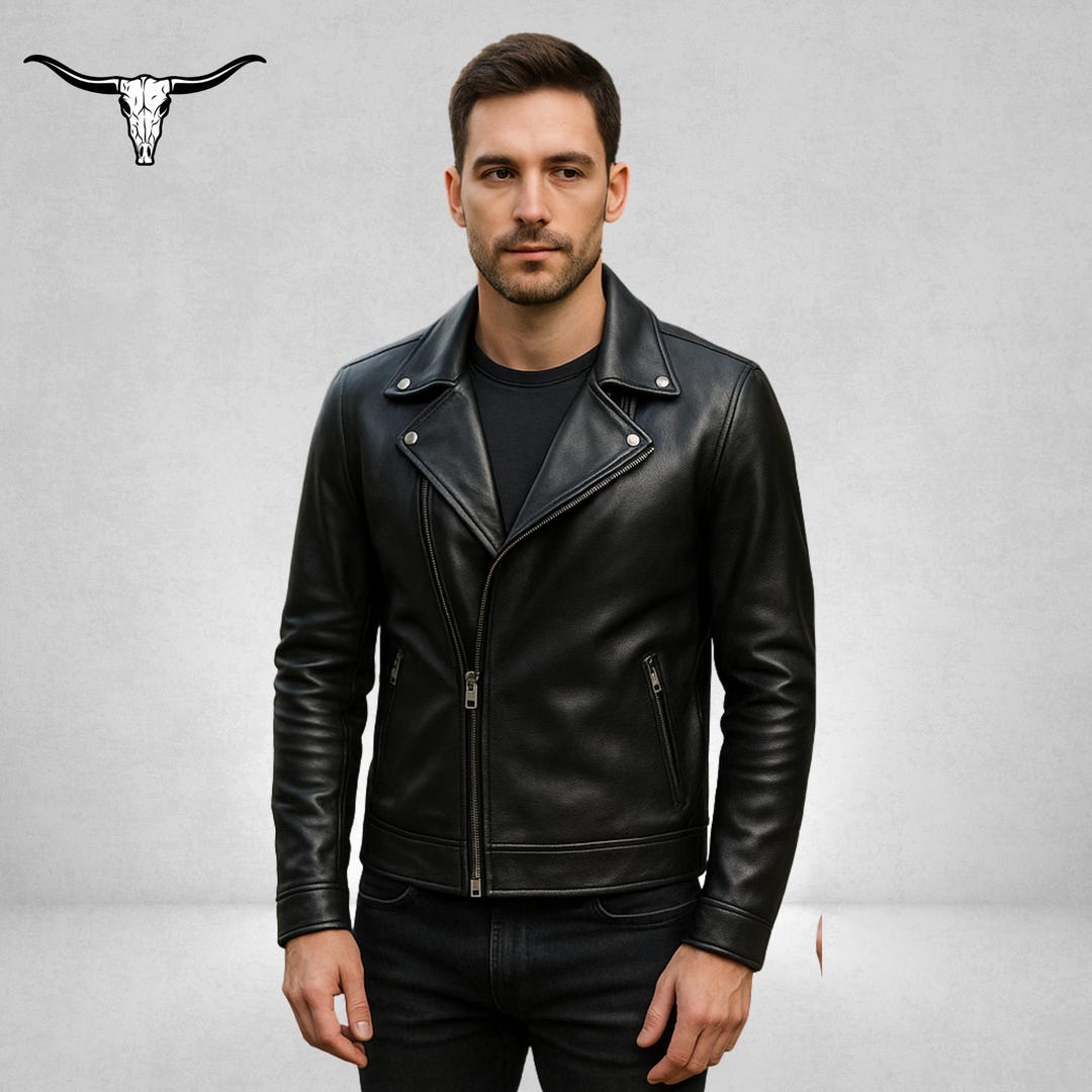 Men’s Black Leather Biker Jacket • Genuine Cowhide • Slim Fit ...