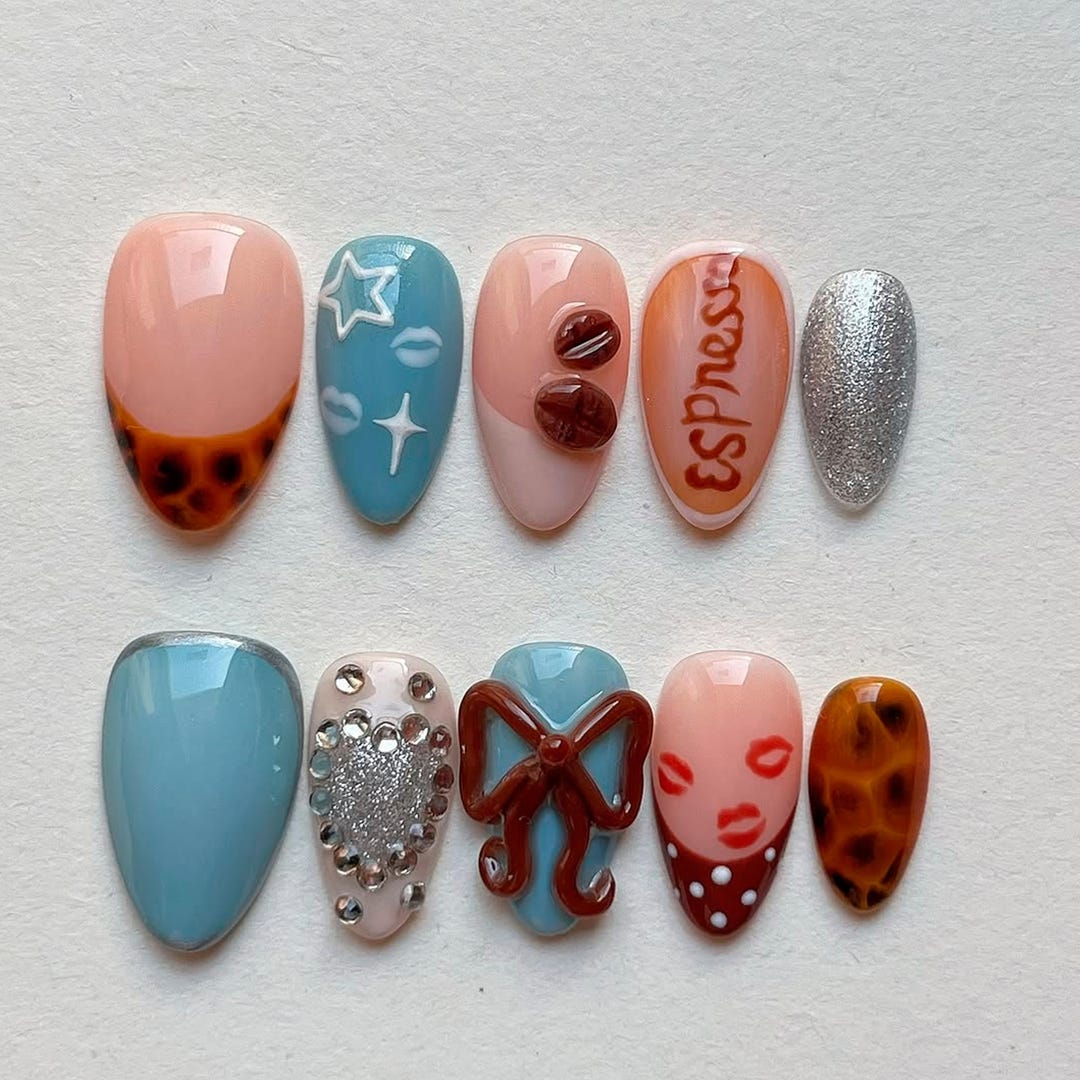 Espresso Press on Nails, Coffee Bean Nail Art, Blue Bow Accent ...