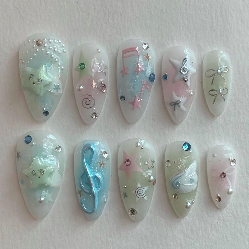 Pastel Music Press on Nails, 3D Stars, Bows, Kawaii Celestial Style - Etsy