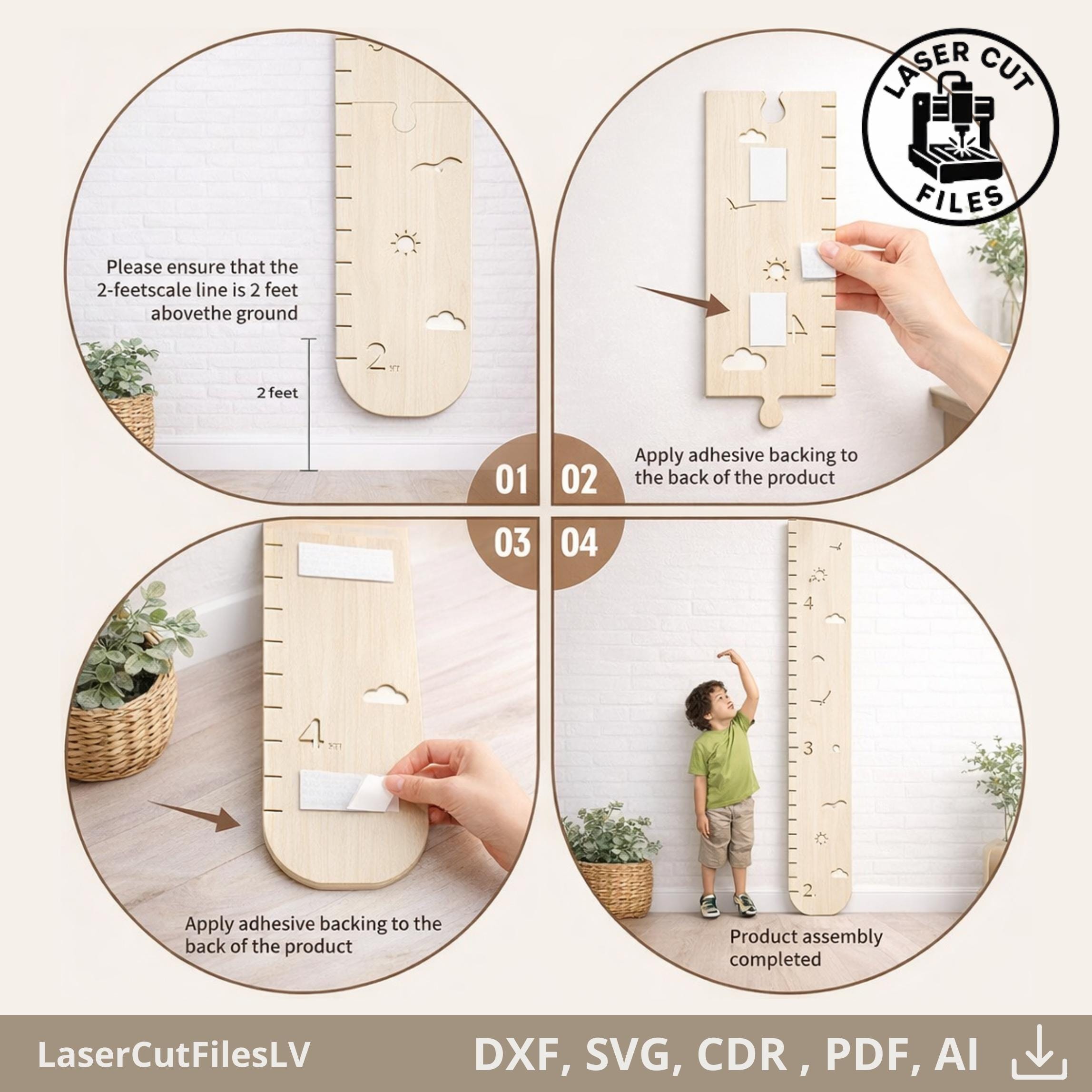 Laser Cut Wooden Growth Chart, Kids Height Tracker SVG DXF AI (digital ...
