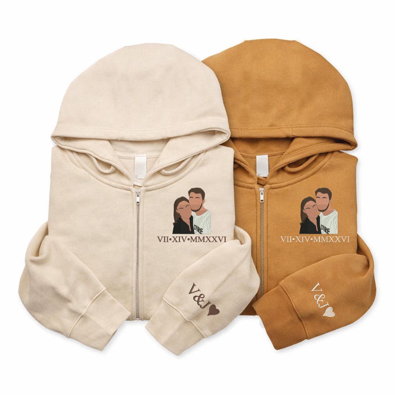 Custom Embroidered Couple Portrait Photo Zip Hoodie: Anniversary Gift ...