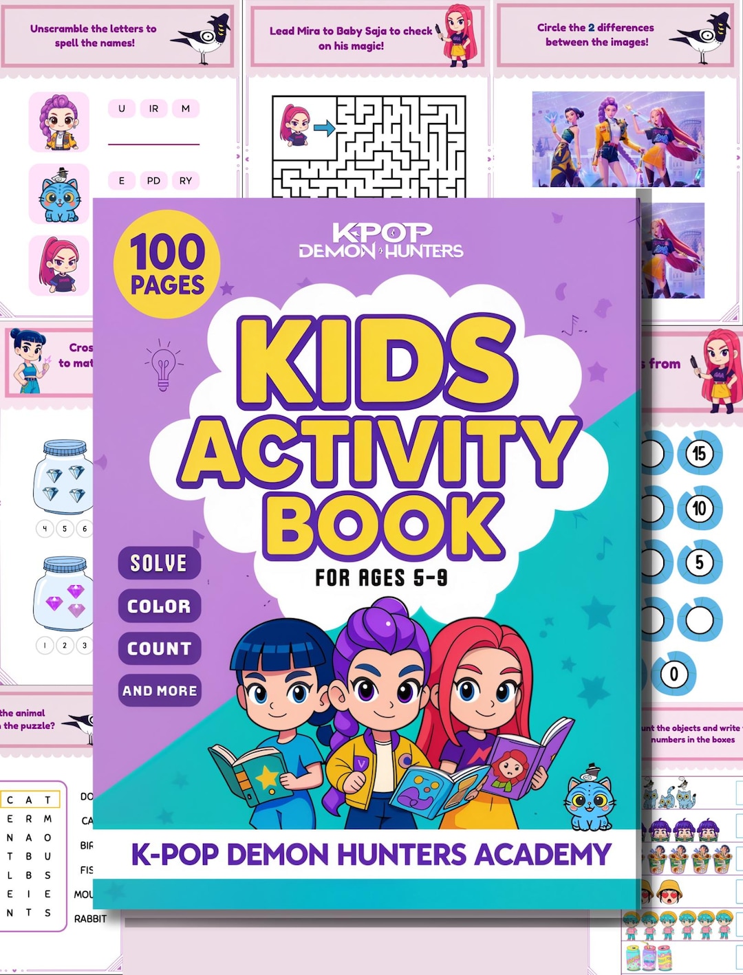 Kpop Demon Hunters Academy Kids Activity Book, 100 Printable Worksheets ...