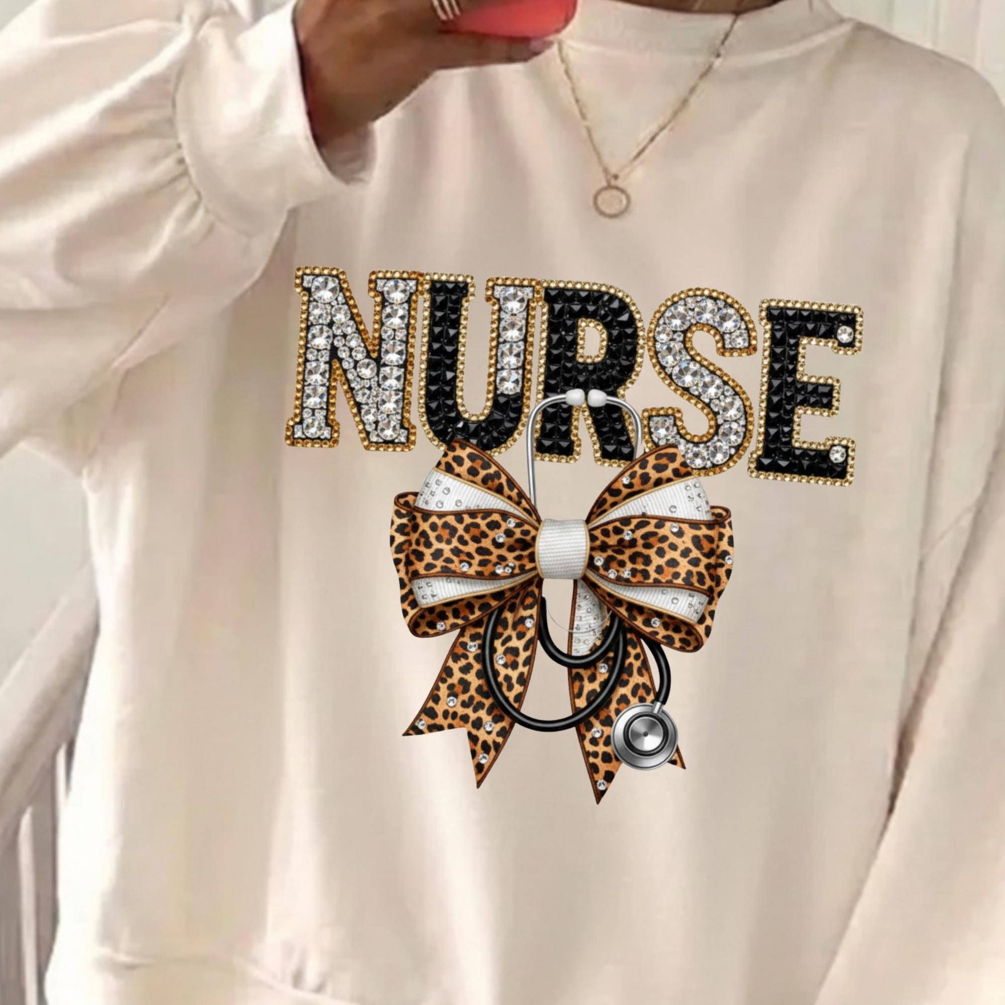Nurse Bling PNG, Leopard Bow Nurse Clipart, Rhinestone Nurse Design ...