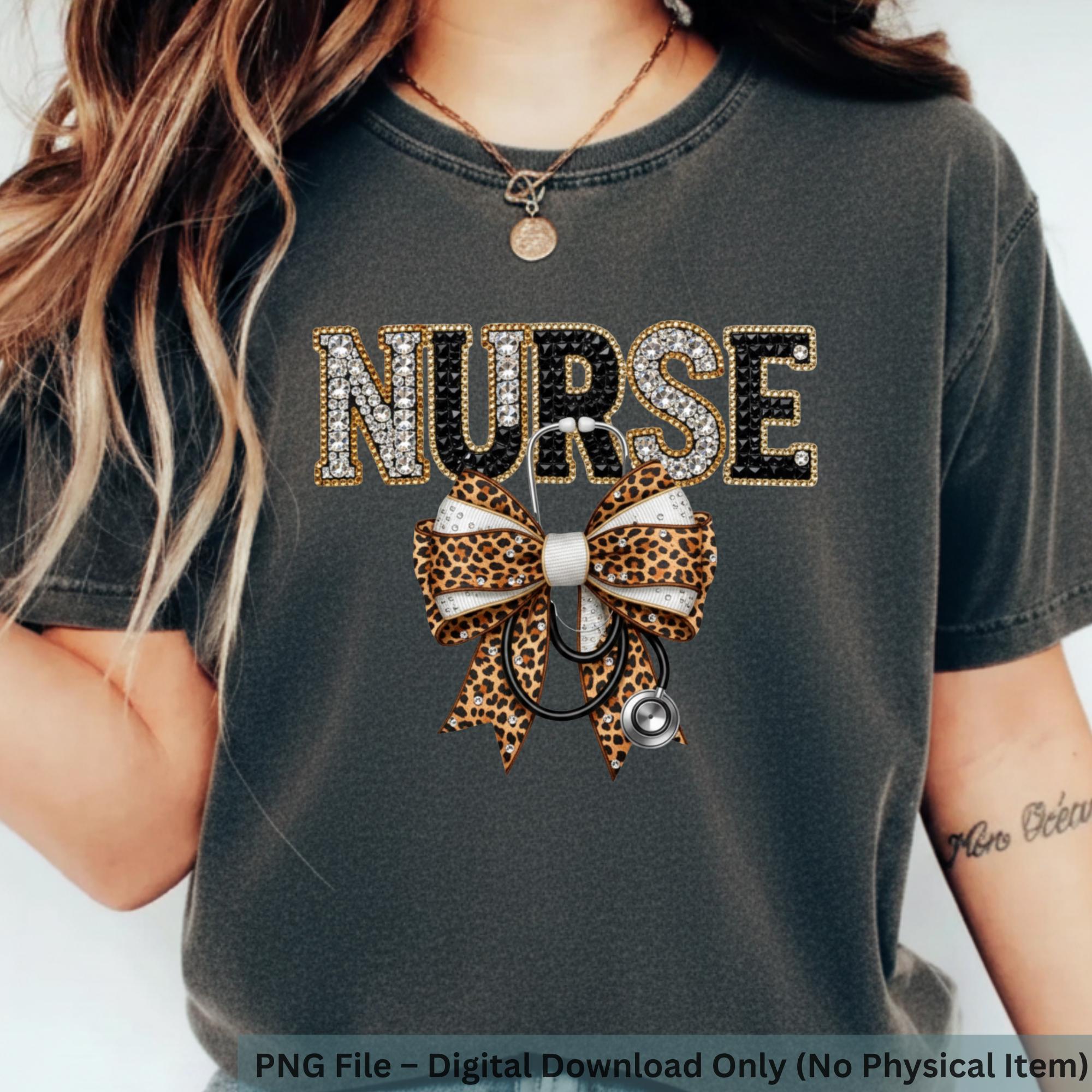 Nurse Bling PNG, Leopard Bow Nurse Clipart, Rhinestone Nurse Design ...