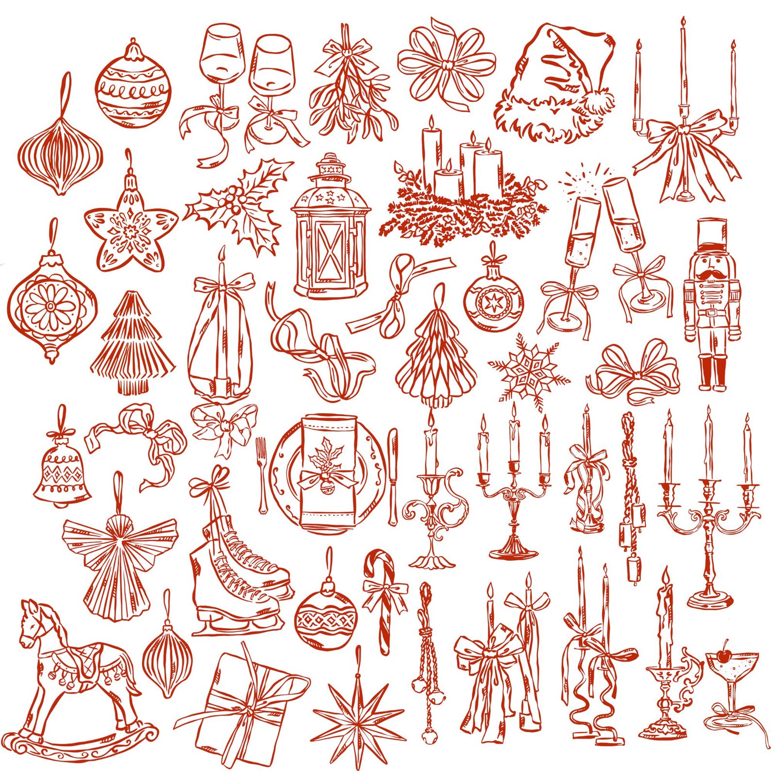 Christmas Red Line Art Clipart Bundle: Holiday Designs (AI, EPS, PNG ...