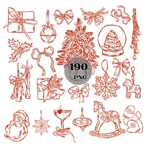 Christmas Red Line Art Clipart Bundle: Holiday Designs (AI, EPS, PNG ...