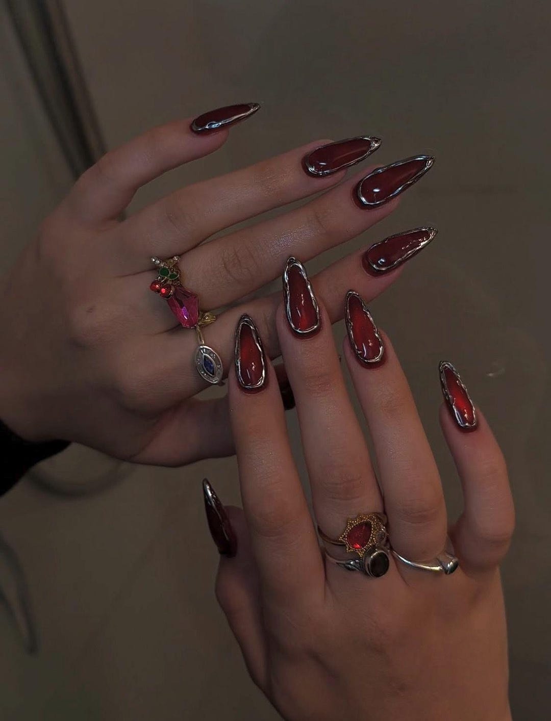 Dark Red Silver Chrome Press on Nails: Gothic 3D Metallic Blood Red ...