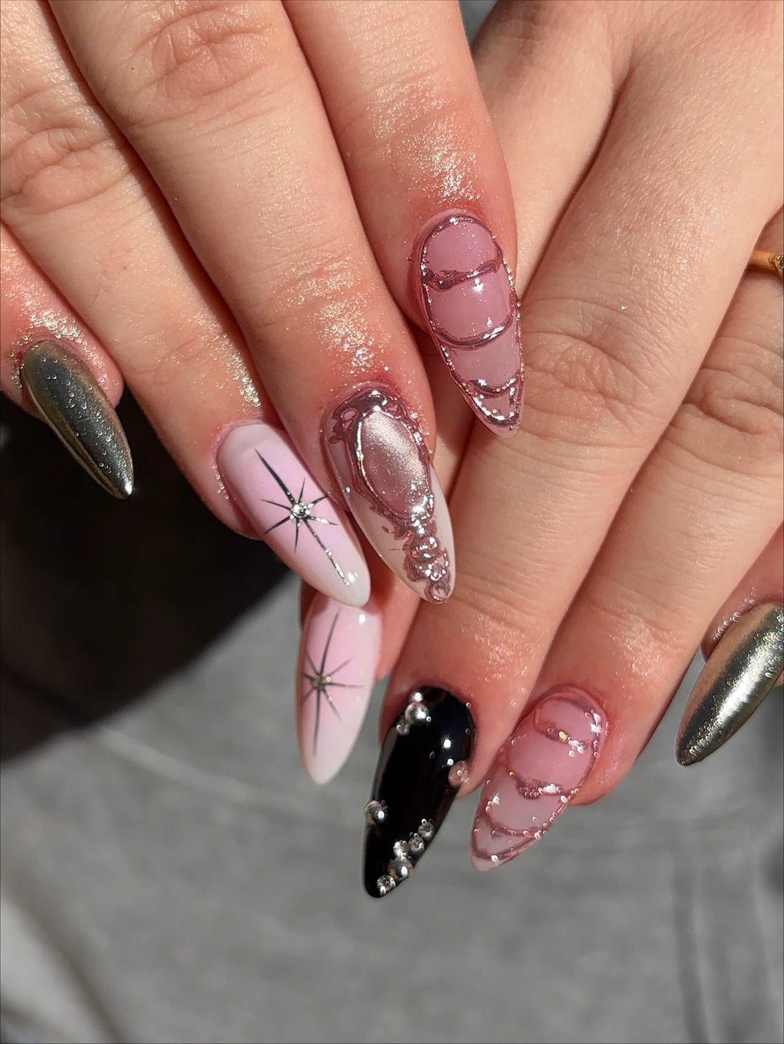 Pink Cyber Goth Press on Nails: 3D Silver Chrome Star Nails - Etsy