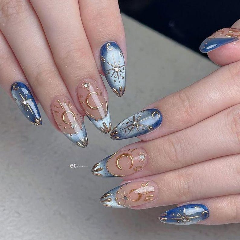 Celestial Moon Star Press on Nails: Blue Galaxy Nails - Etsy
