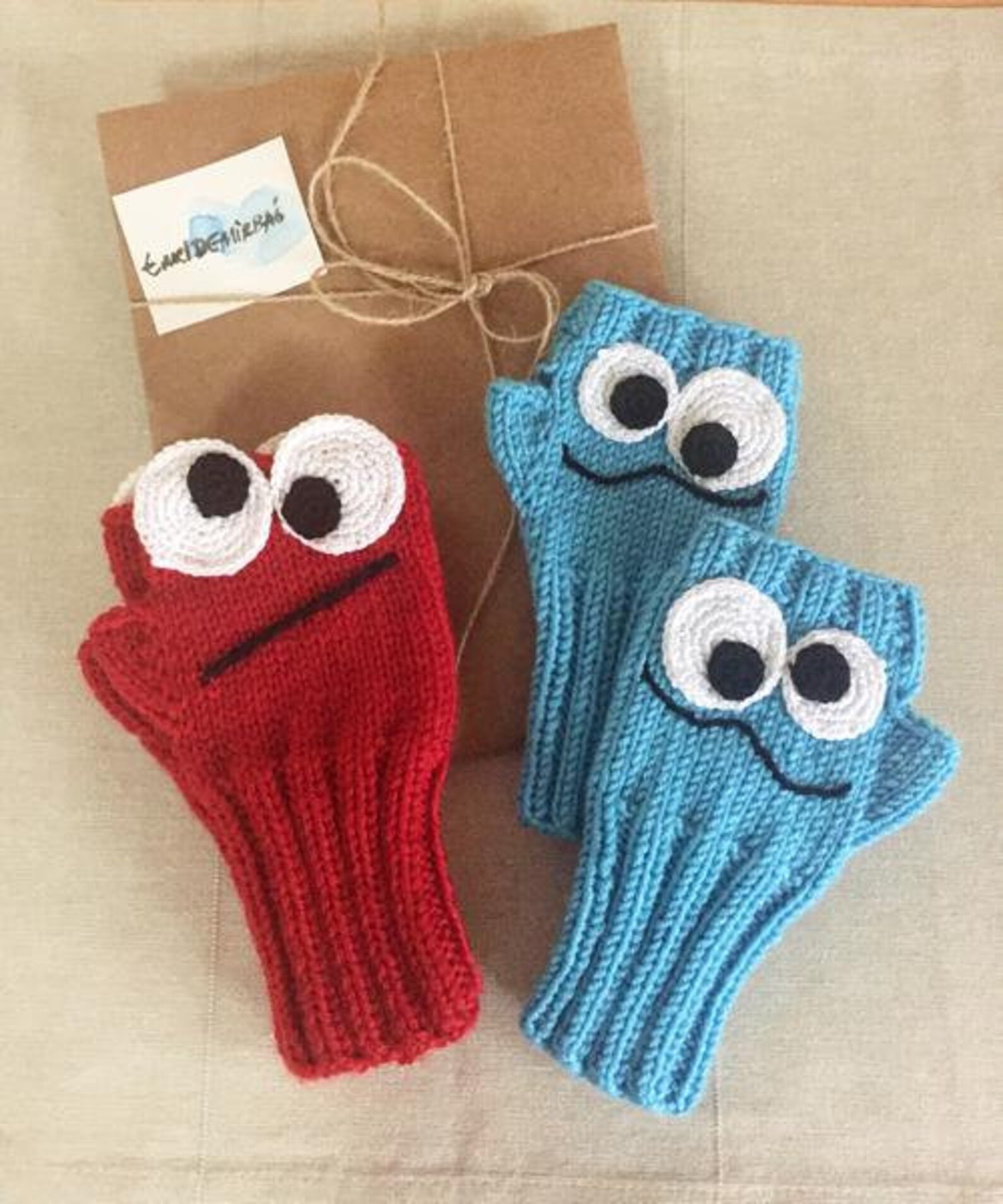 Blue Knit Fingerless Mittens: Crazy Eyes, Unisex Wool Gloves - Etsy