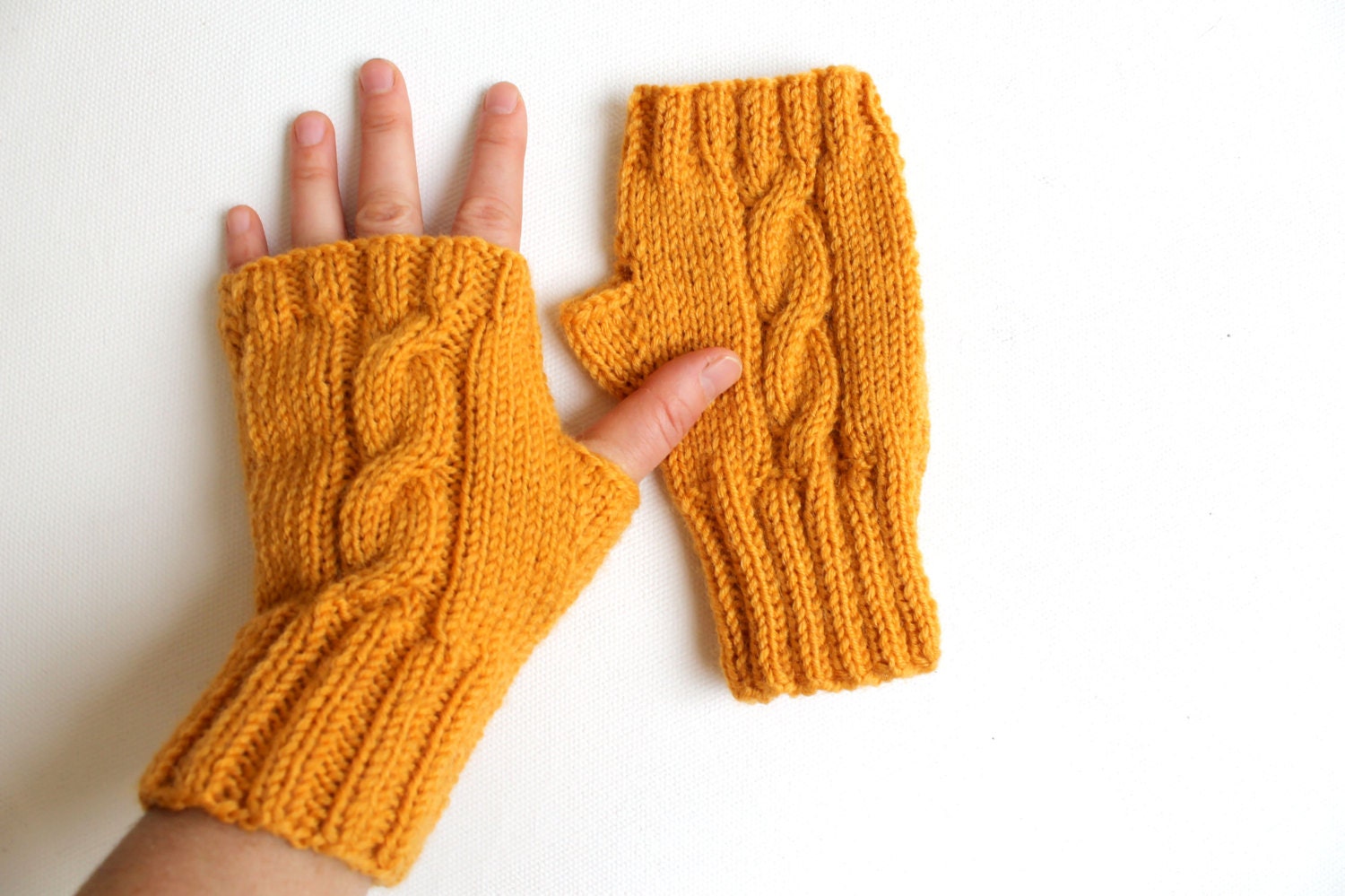 Mustard Yellow Glove Hand Knit Fingerless Soft Wool Mittens
