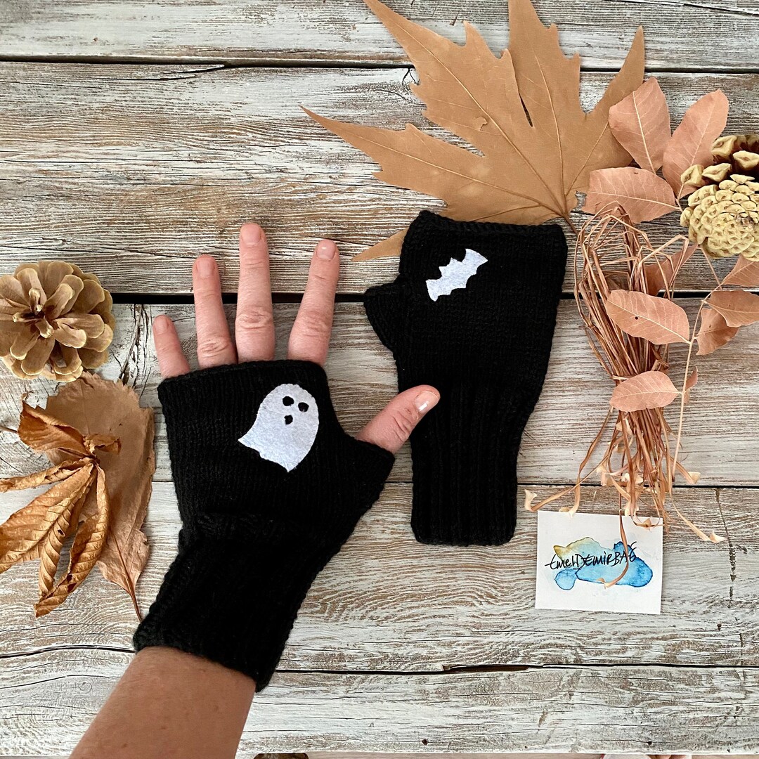 Halloween Fingerless Gloves: Hand-knitted Ghost and Bat Mittens - Etsy