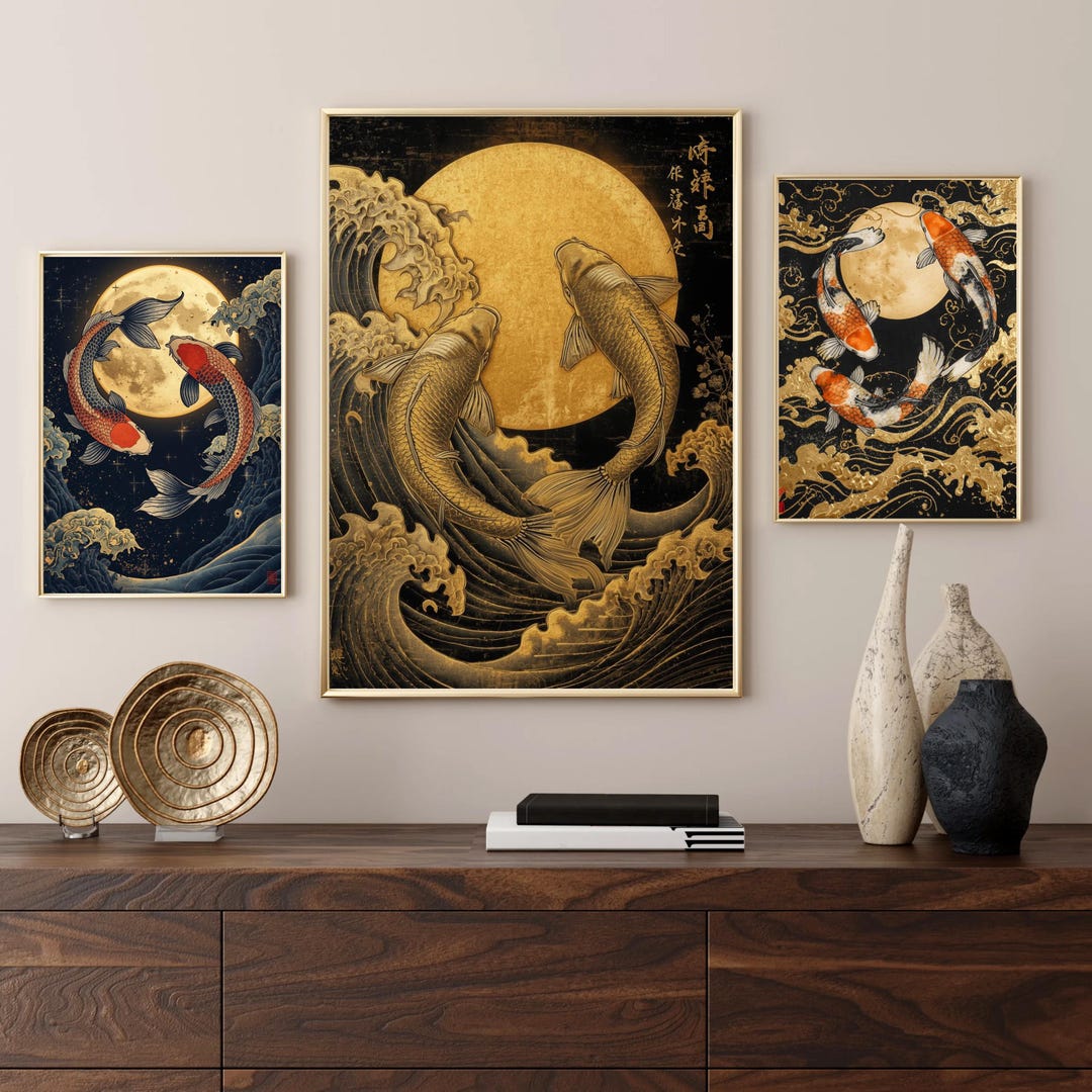 Japanese Koi Fish Wall Art – Moon and Waves Digital Print – Yin Yang ...