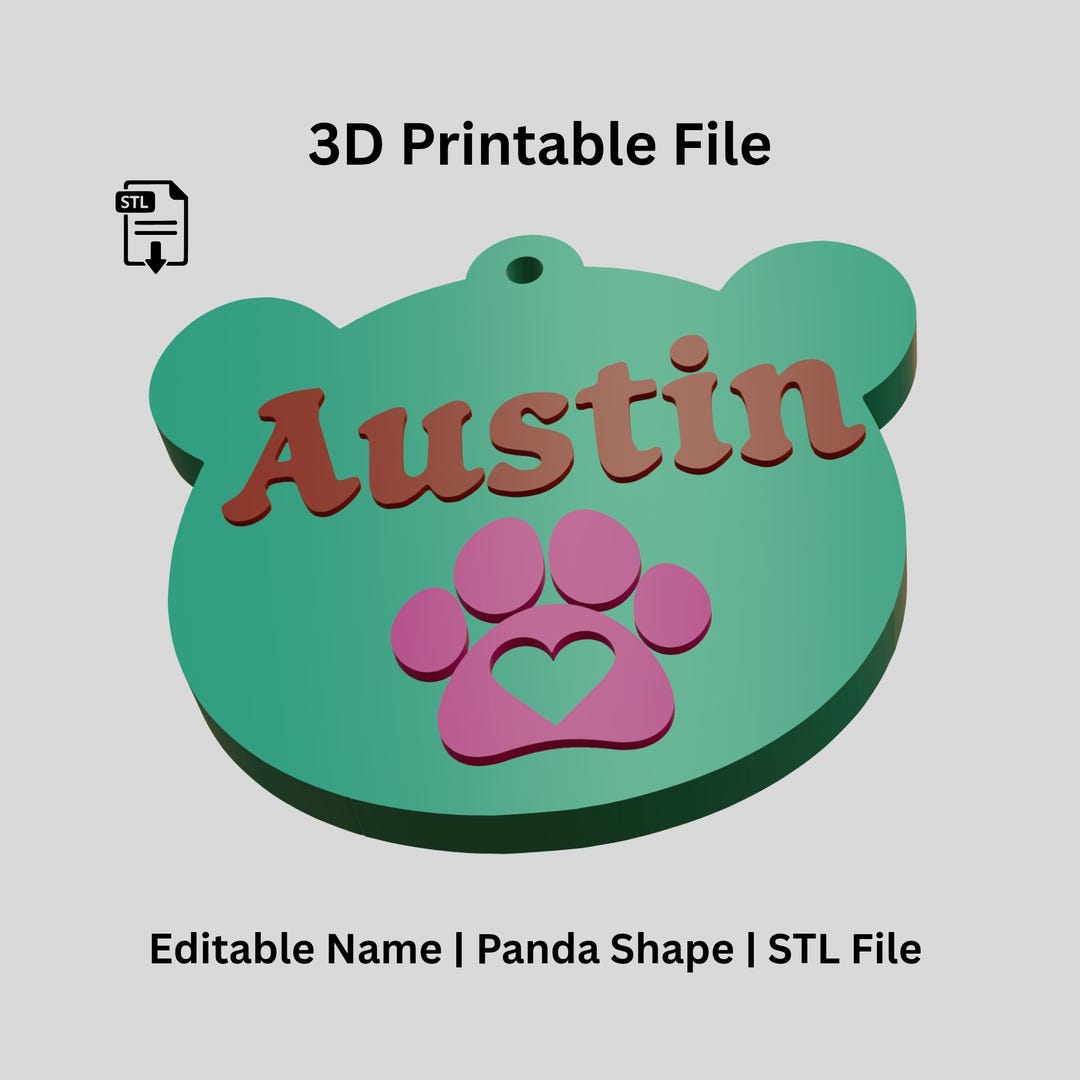 Panda Pet ID Tag STL | Editable Name, Paw Print (digital Download) - Etsy