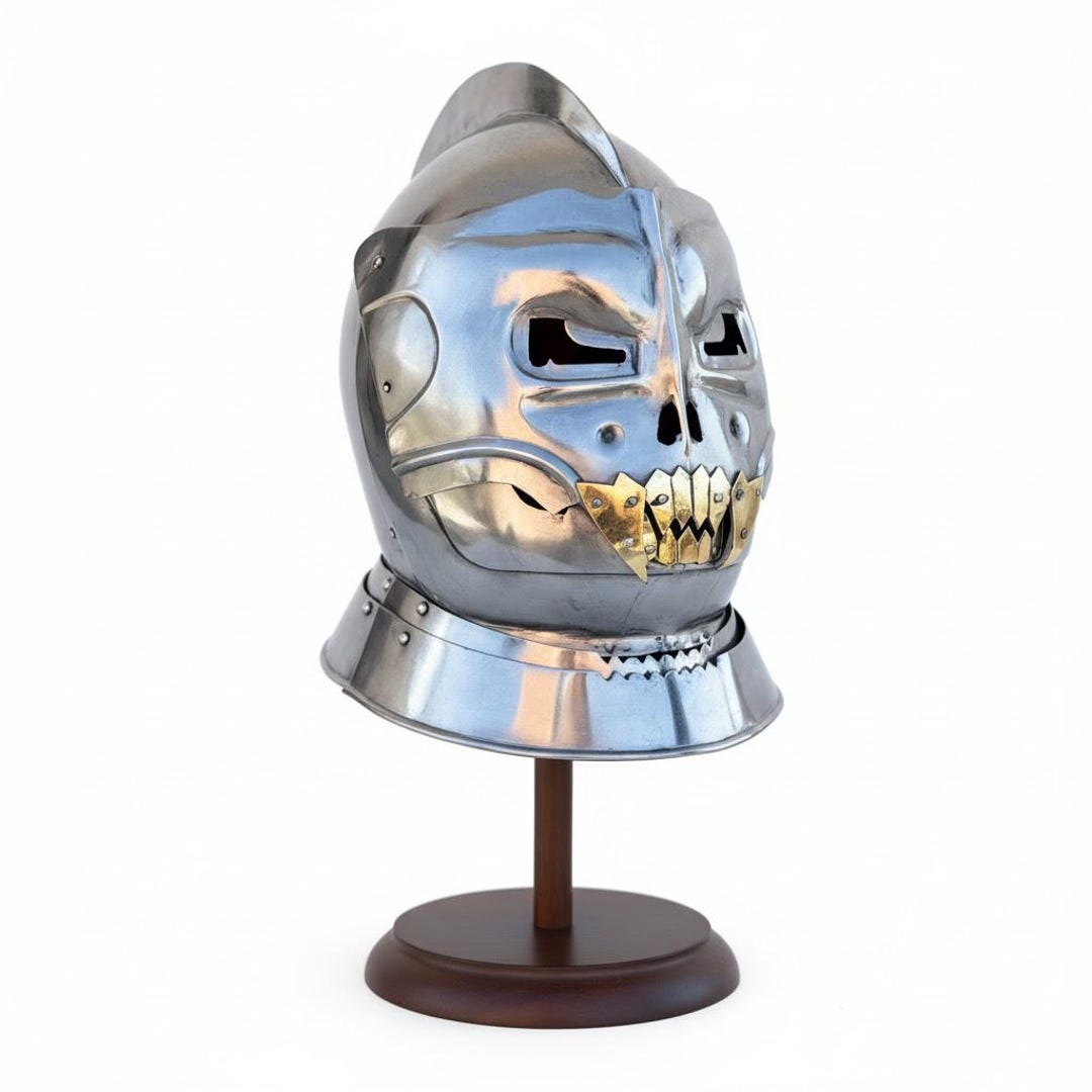 Medieval Demonic Skull Helmet With Brass Teeth, 18 Gauge Gothic Steel ...